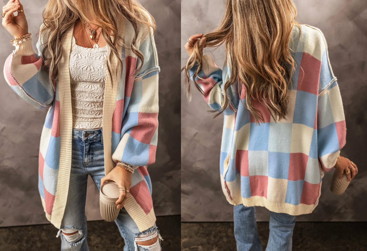 Light Blue Checkered Drop Shoulder Exposed Seam Open Front Cardigan ...